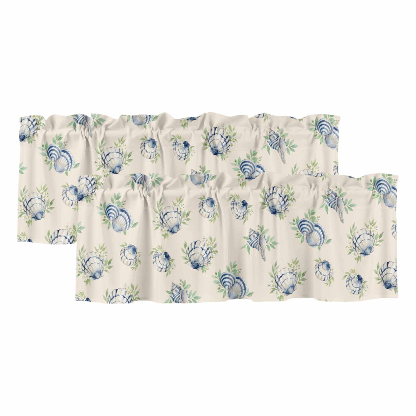 Blue Seashells 2 Panels Kitchen Valance, Coastal Vintage Leaf Rustic ...