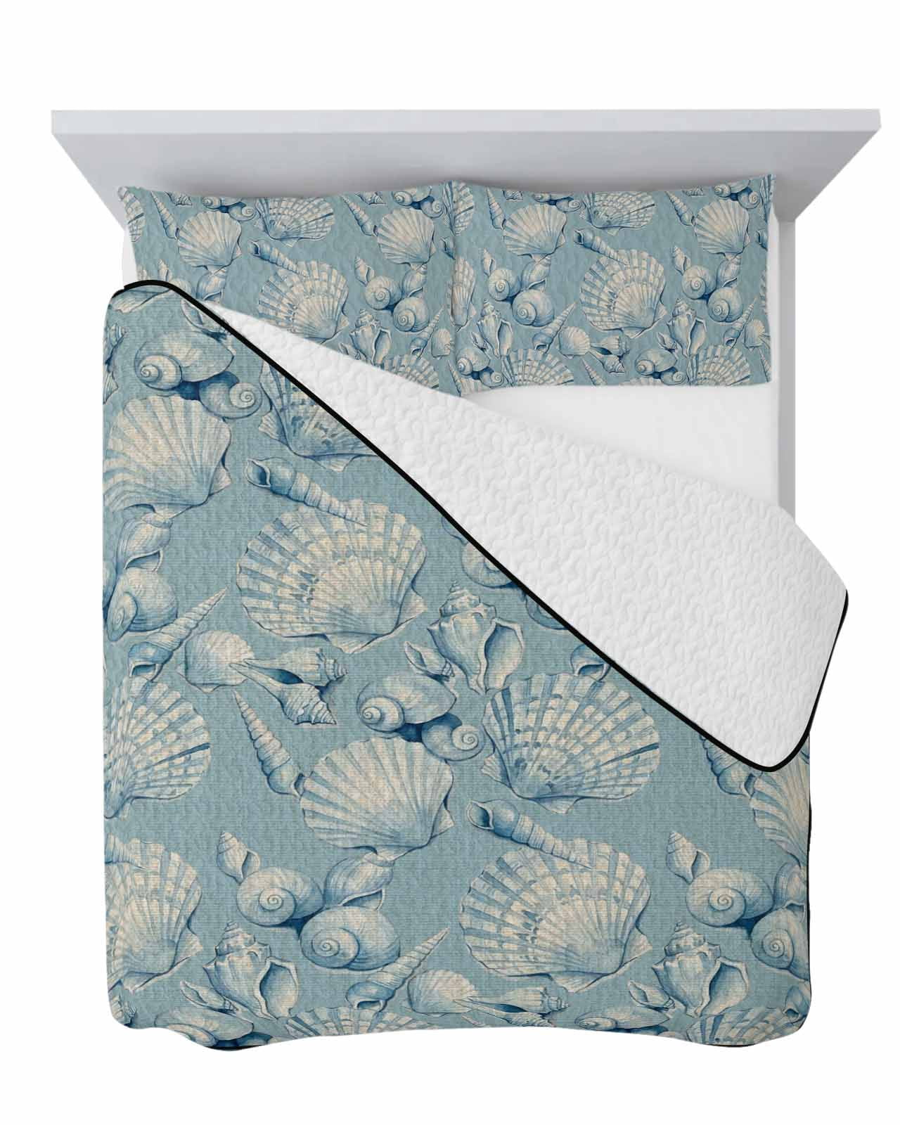 Blue Seashells 3 Piece Quilt Set Queen Size, Summer Coastal Coral ...