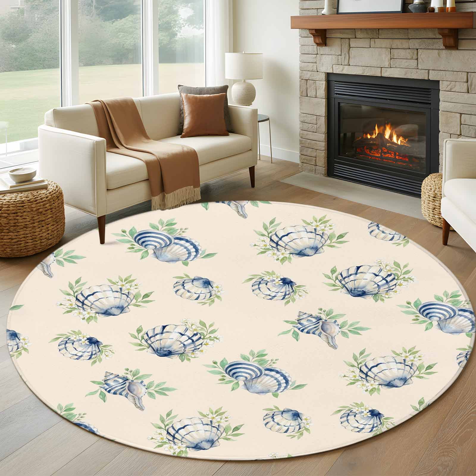 Blue Seashells 6FT Round Area Rugs for Living Room Coastal Vintage Leaf ...