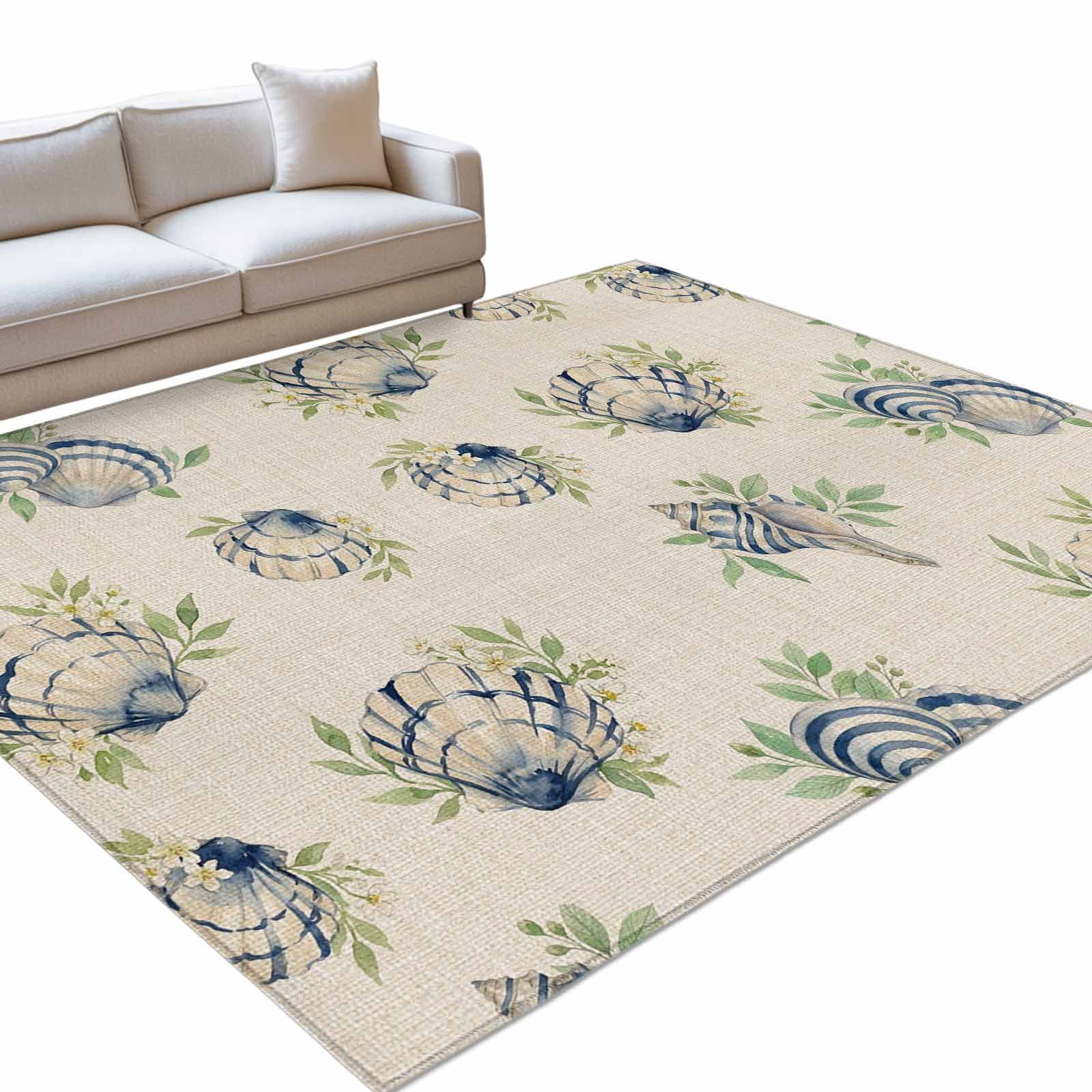 Blue Seashells Area Rugs 5x8ft Coastal Vintage Leaf Rustic Country ...