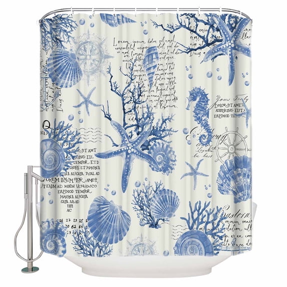 Blue Seashells Bathroom Shower Curtains with 12 Hooks Polyester ...