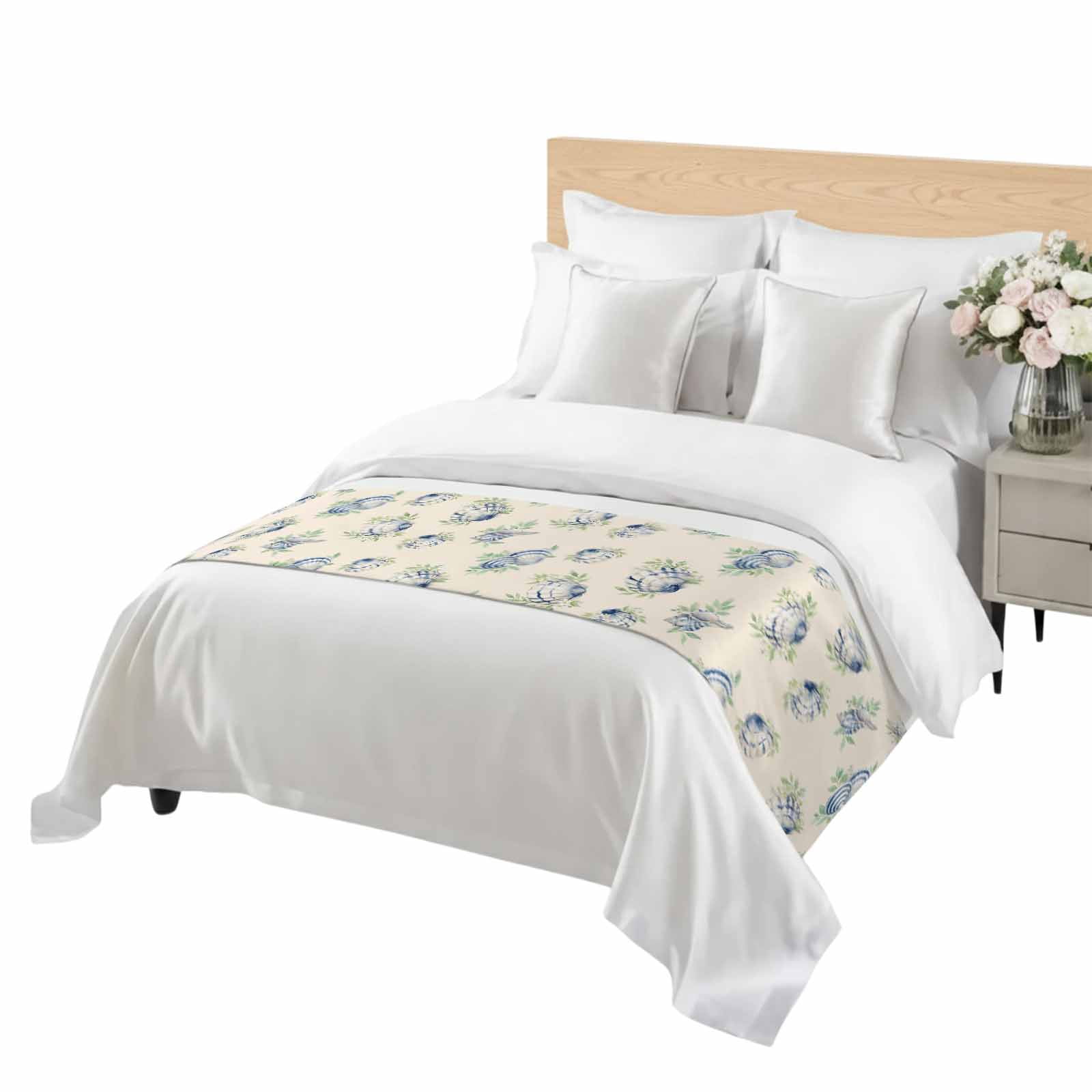 Blue Seashells Bed Runner King Size Coastal Vintage Leaf Rustic Country ...