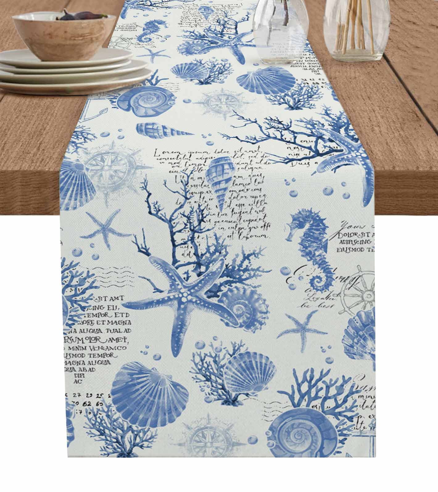 Blue Seashells Burlap Cotton Table Runner 13x72 Inches Long, Coastal ...