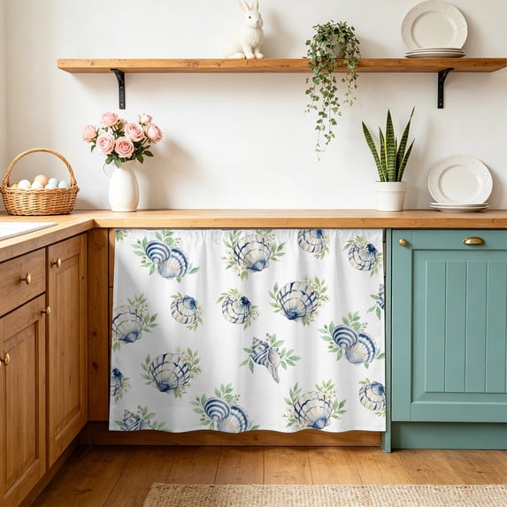 Blue Seashells Cabinet Curtains 28" W x 35" L Watercolor Coastal Green ...