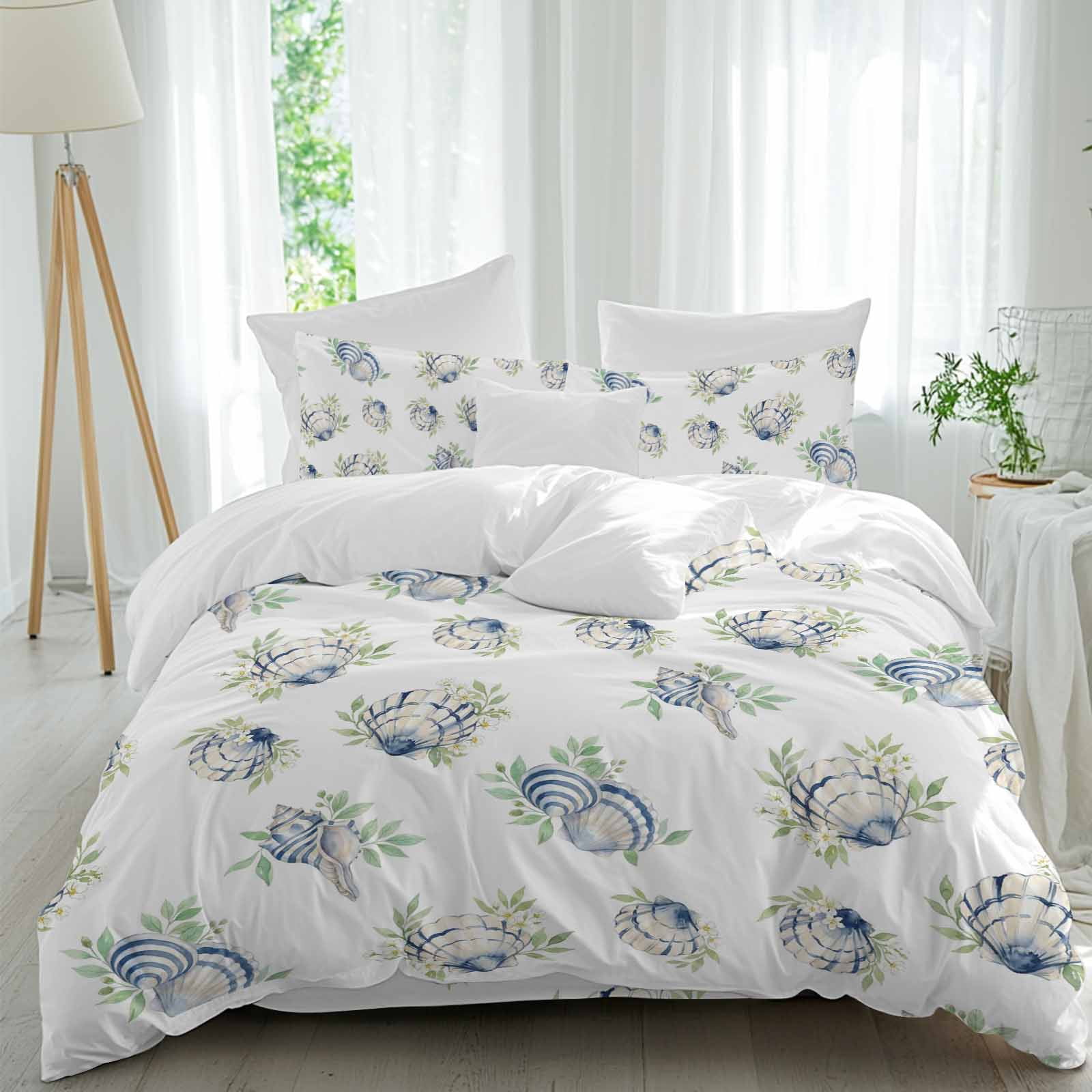 Blue Seashells Comforter Set Full Size, Watercolor Coastal Green Leaf ...