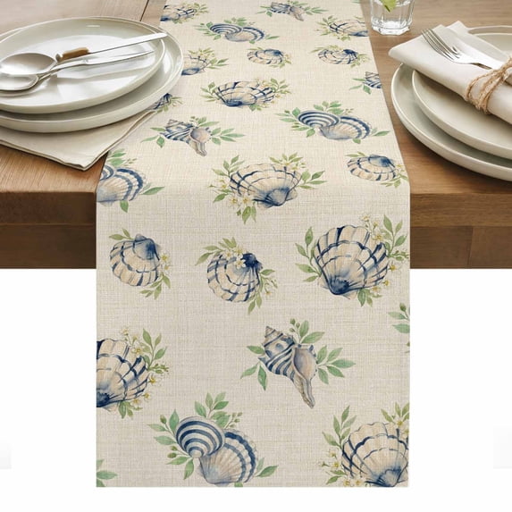 Blue Seashells Cotton Linen Table Runner Coastal Vintage Leaf Rustic ...
