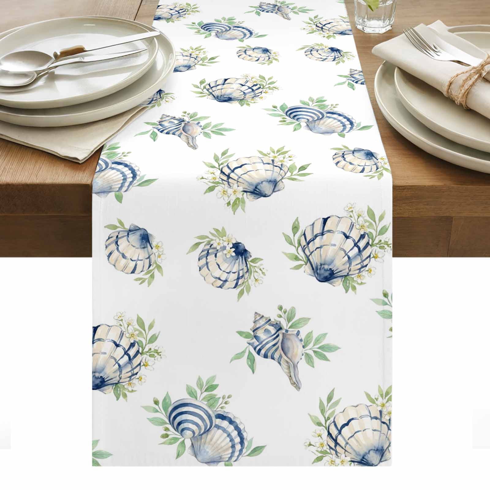 Blue Seashells Cotton Linen Table Runner Watercolor Coastal Green Leaf ...