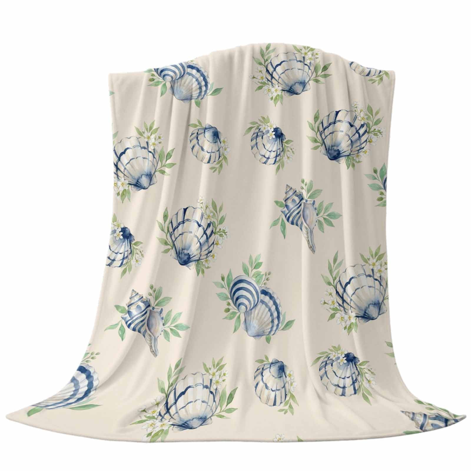 Blue Seashells Fleece Throw Blanket Lightweight Coastal Vintage Leaf ...