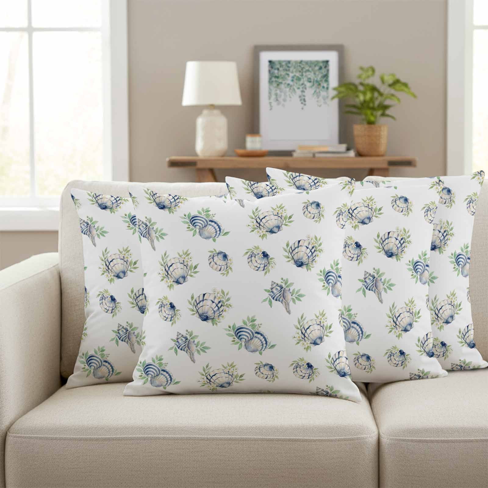 Blue Seashells Pillow Covers Set of 4, Watercolor Coastal Green Leaf ...