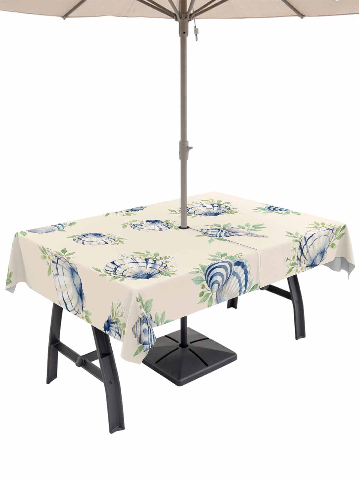 Blue Seashells Rectangle Outdoor Tablecloth with Umbrella Hole Coastal ...