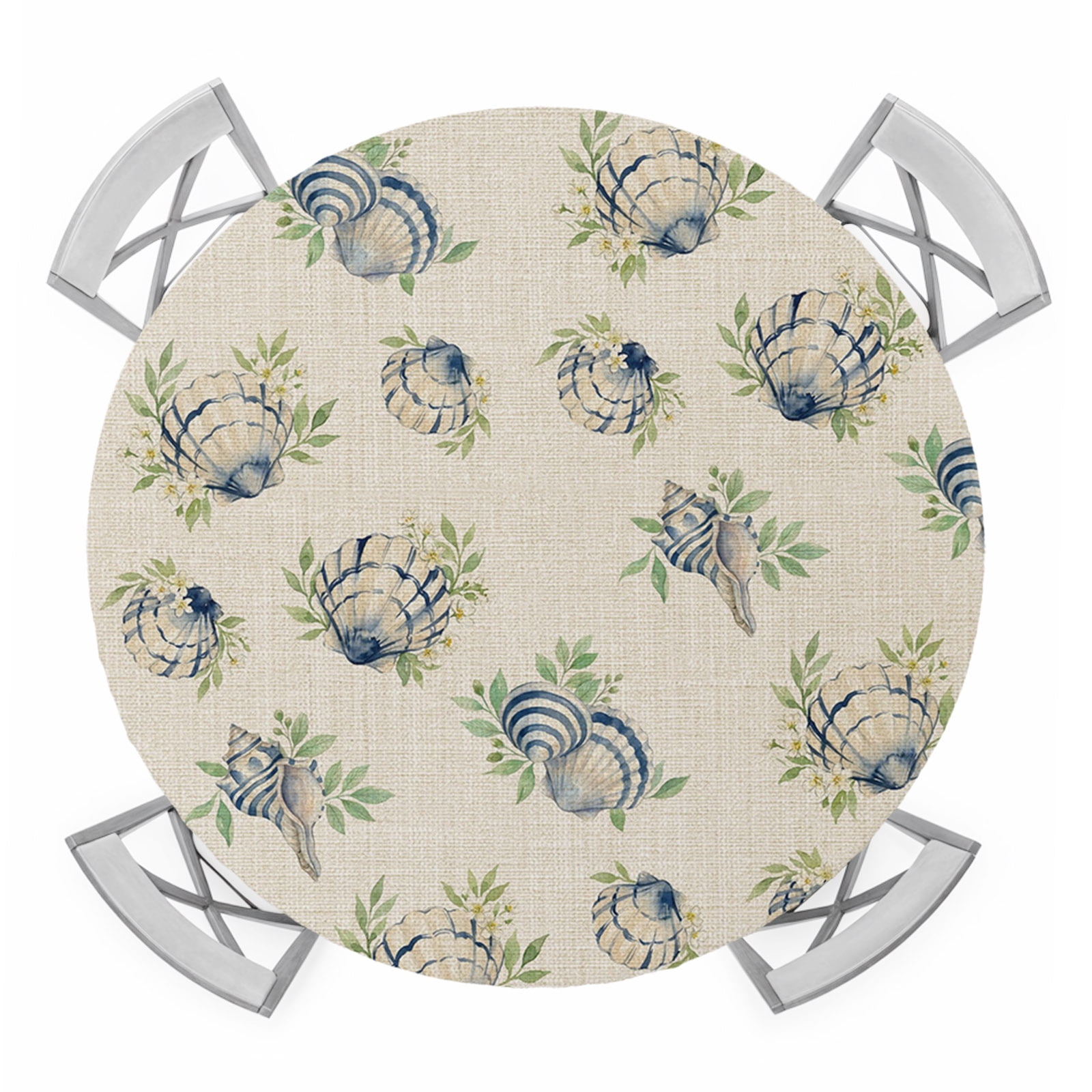 Blue Seashells Round Table Cover, Coastal Vintage Leaf Rustic Country ...