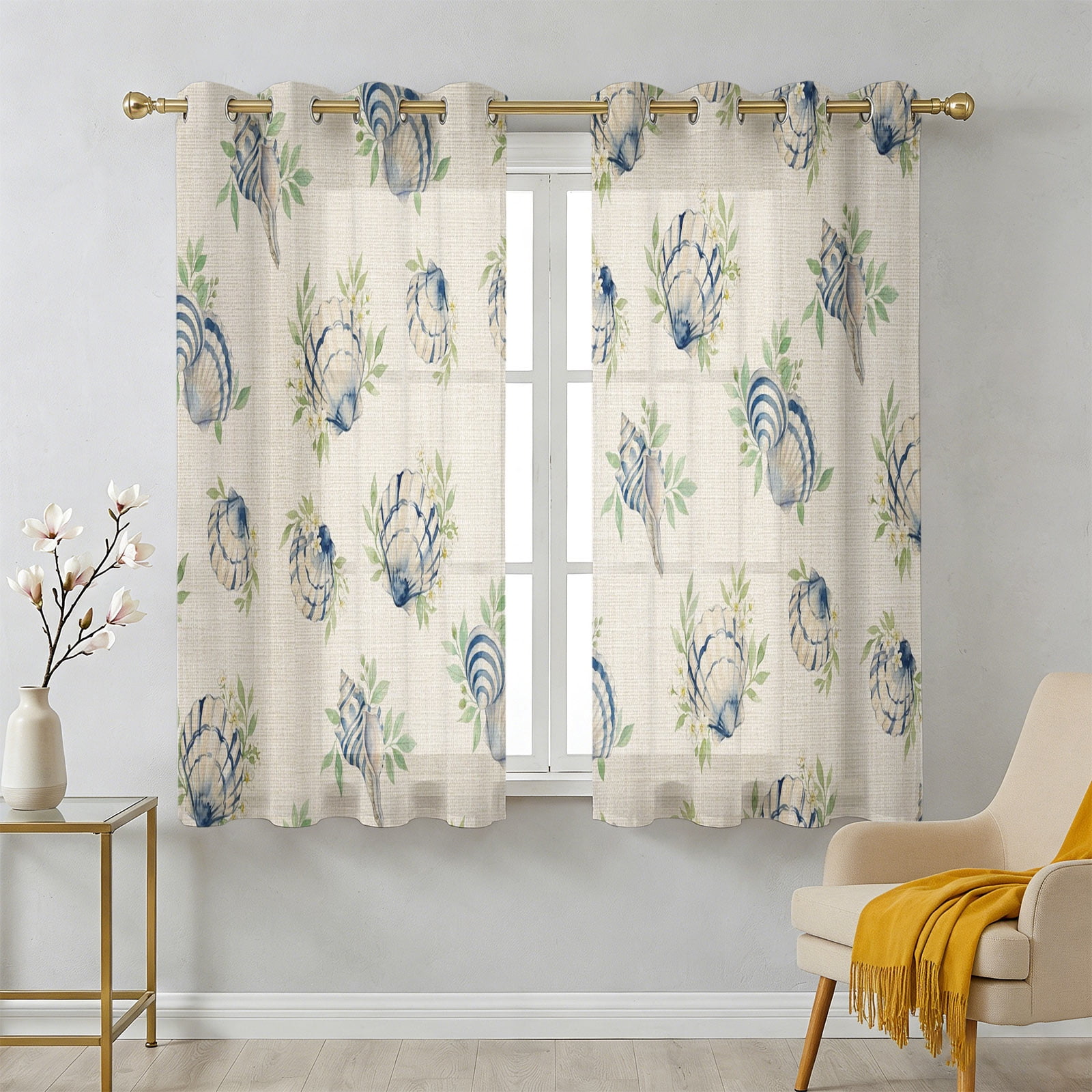 Blue Seashells Sheer Curtains 54 Inch Long 2 Panels, Coastal Vintage ...