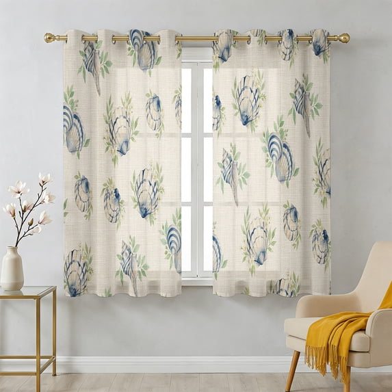 Blue Seashells Sheer Curtains 54 Inch Long 2 Panels, Coastal Vintage ...