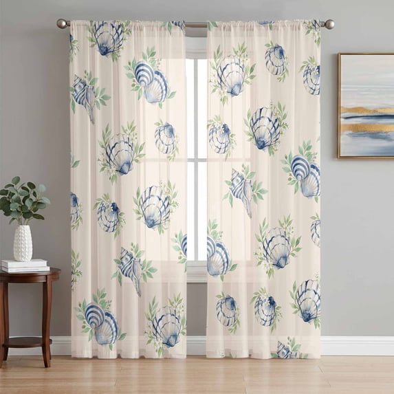 Blue Seashells Sheer Curtains for Living Room Bedroom, Coastal Vintage ...