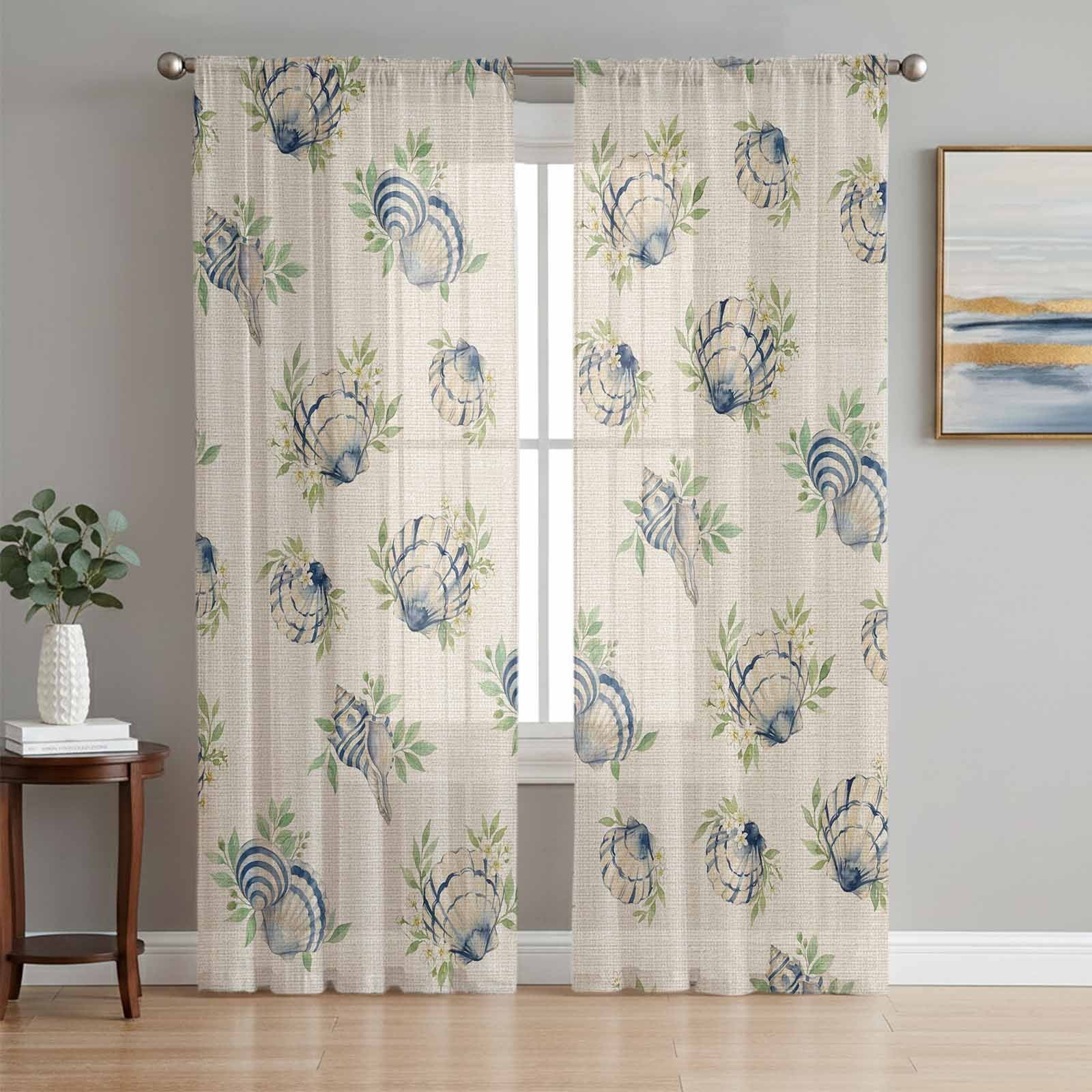 Blue Seashells Sheer Curtains for Living Room Bedroom, Coastal Vintage ...