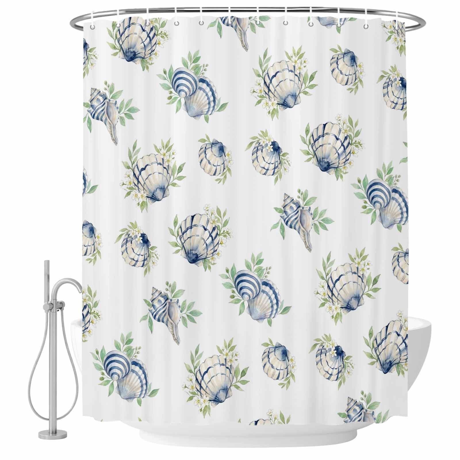 Blue Seashells Shower Curtain, 72"x72", Watercolor Coastal Green Leaf ...