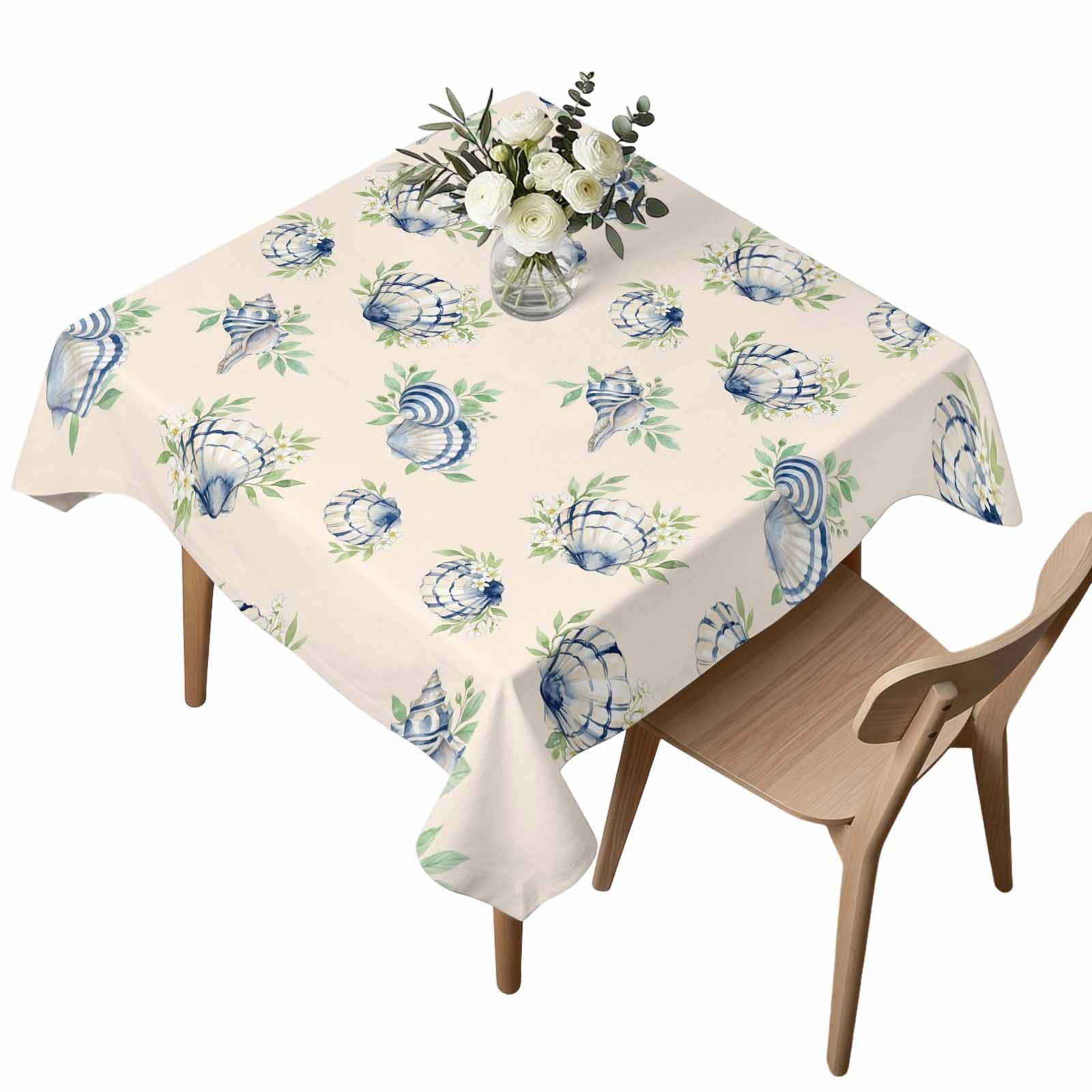 Blue Seashells Square Tablecloth Coastal Vintage Leaf Rustic Country ...