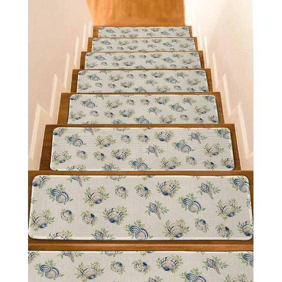 Blue Seashells Stair Treads Coastal Vintage Leaf Rustic Country Linen ...