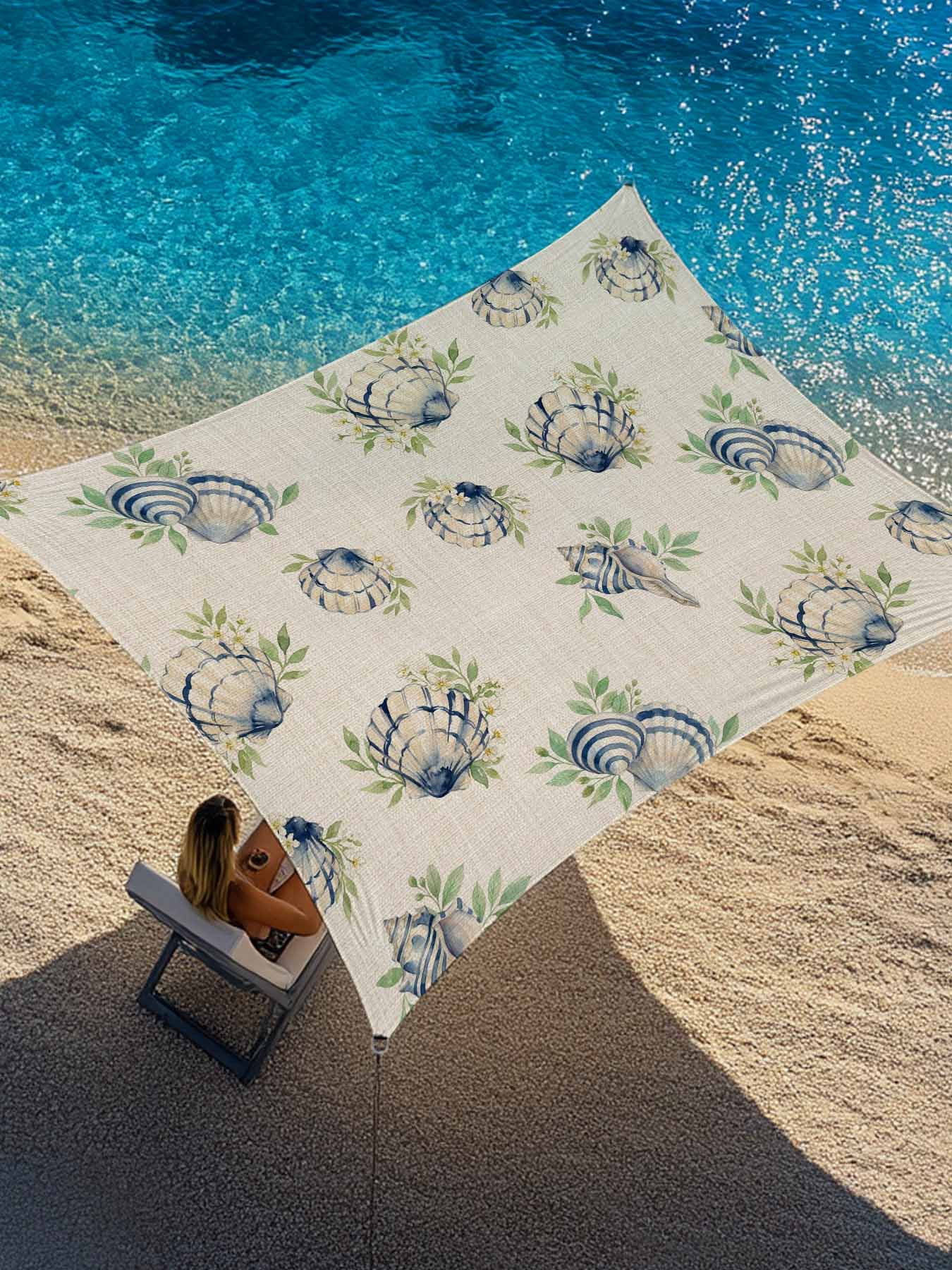 Blue Seashells Sun Shade Sail 12' x 16', Coastal Vintage Leaf Rustic ...
