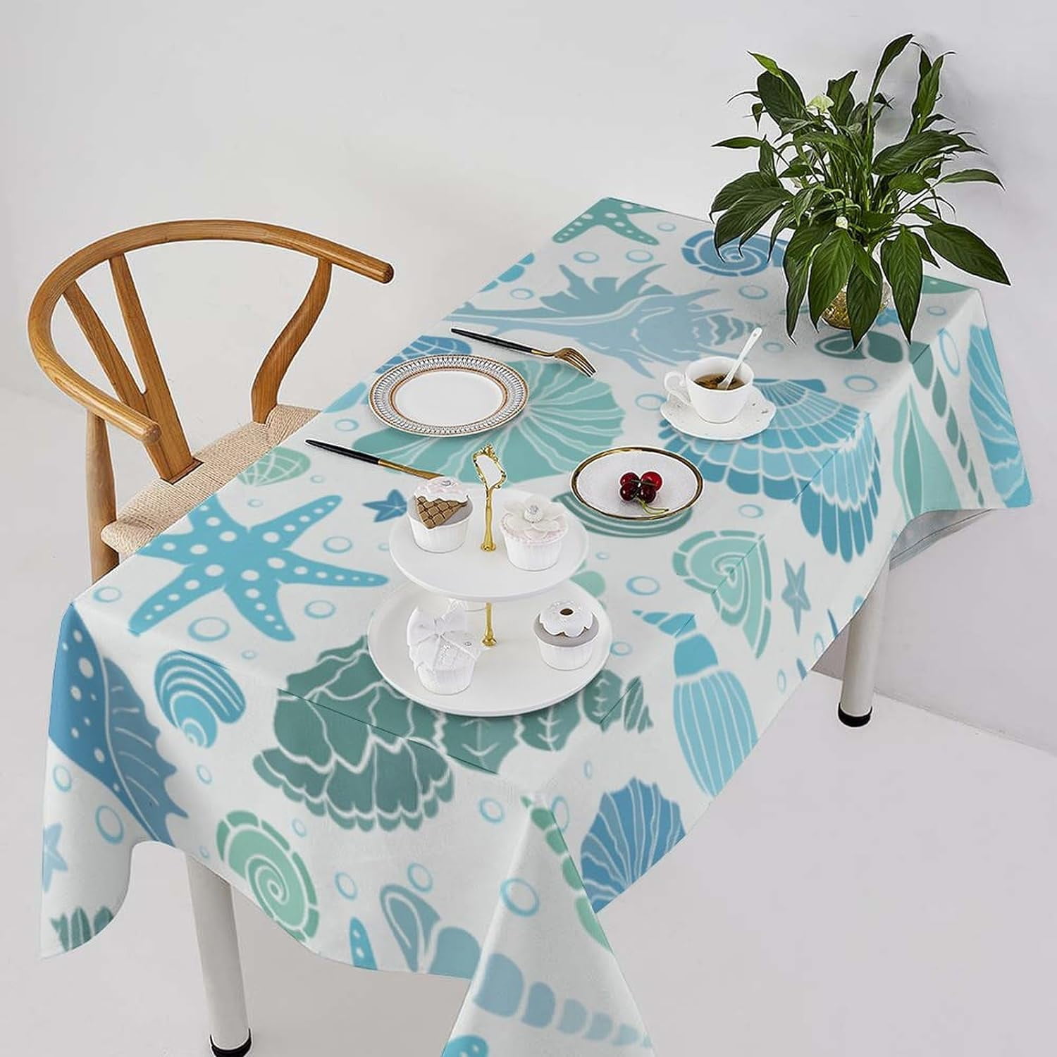 Blue Seashells Table Cloth, Summer Ocean Colorful Seashells Shellfish ...