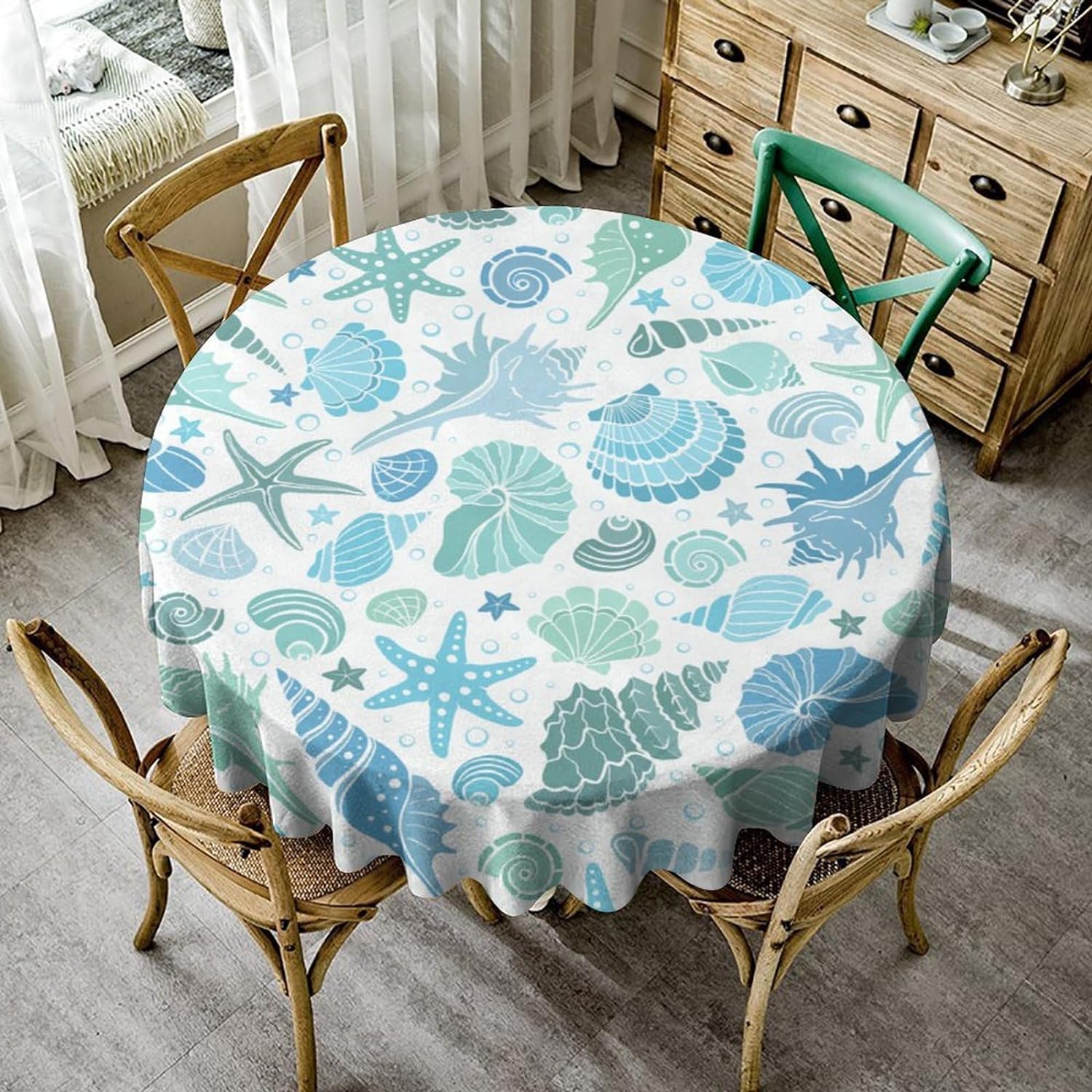 Blue Seashells Table Cloth, Summer Ocean Colorful Seashells Shellfish ...