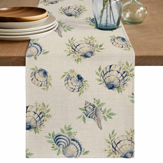Blue Seashells Table Runner, Coastal Vintage Leaf Rustic Country Linen ...