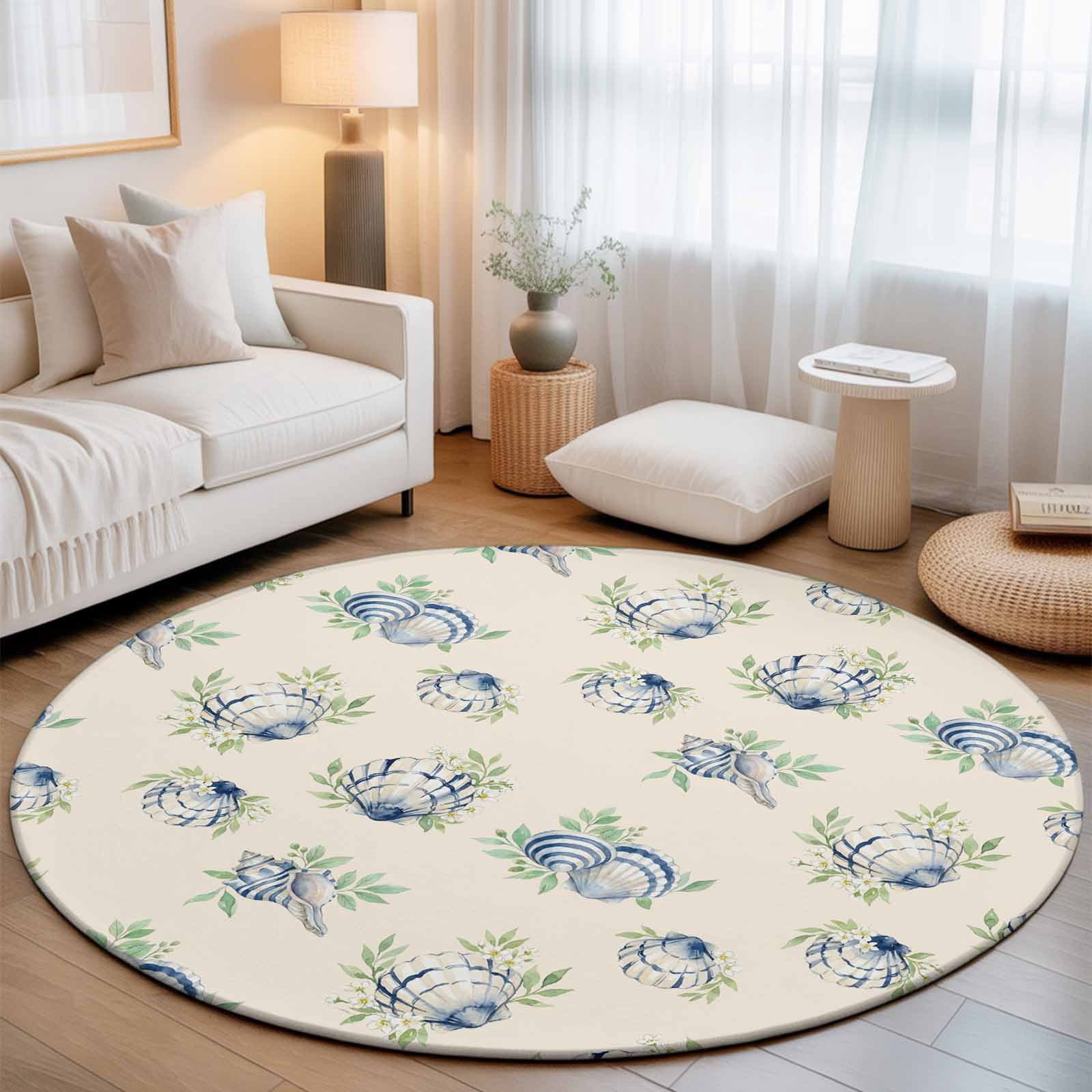 Blue Seashells Washable Round Area Rug 3 ft, Coastal Vintage Leaf ...