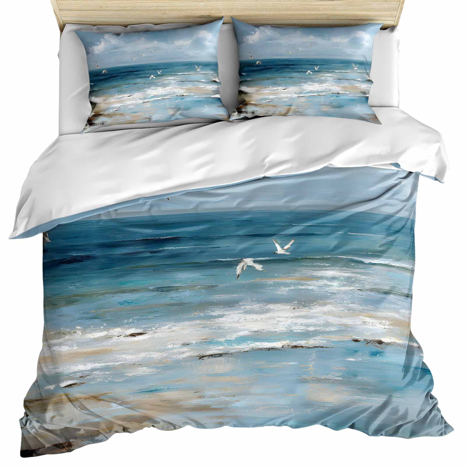 Blue Seaside Bedding 3 Piece Duvet Cover Set Queen Size, Waves Birds ...
