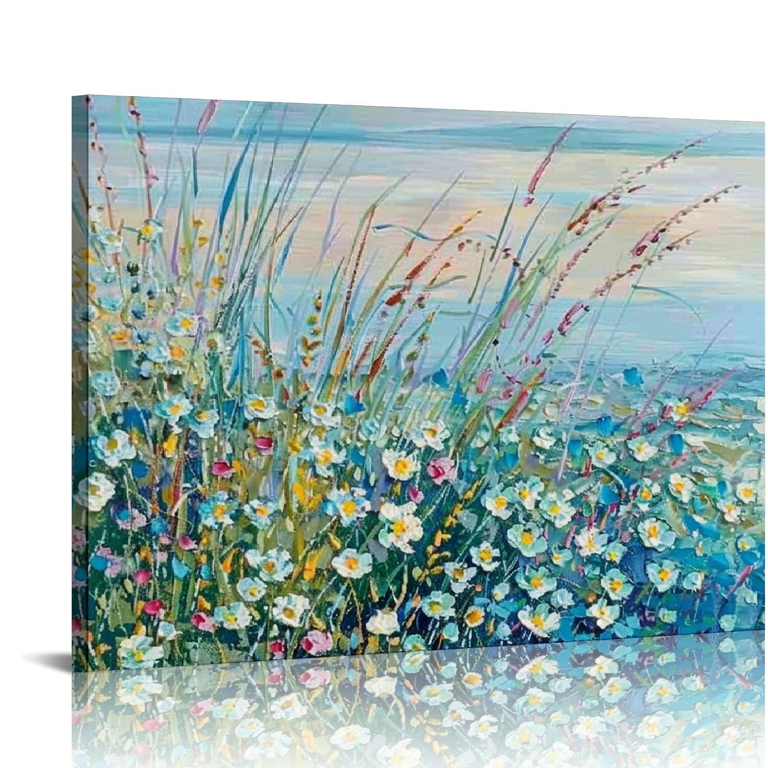 Blue Seaside Cyan Floral Wall Decor Textured Wall Art Canvas Flower ...