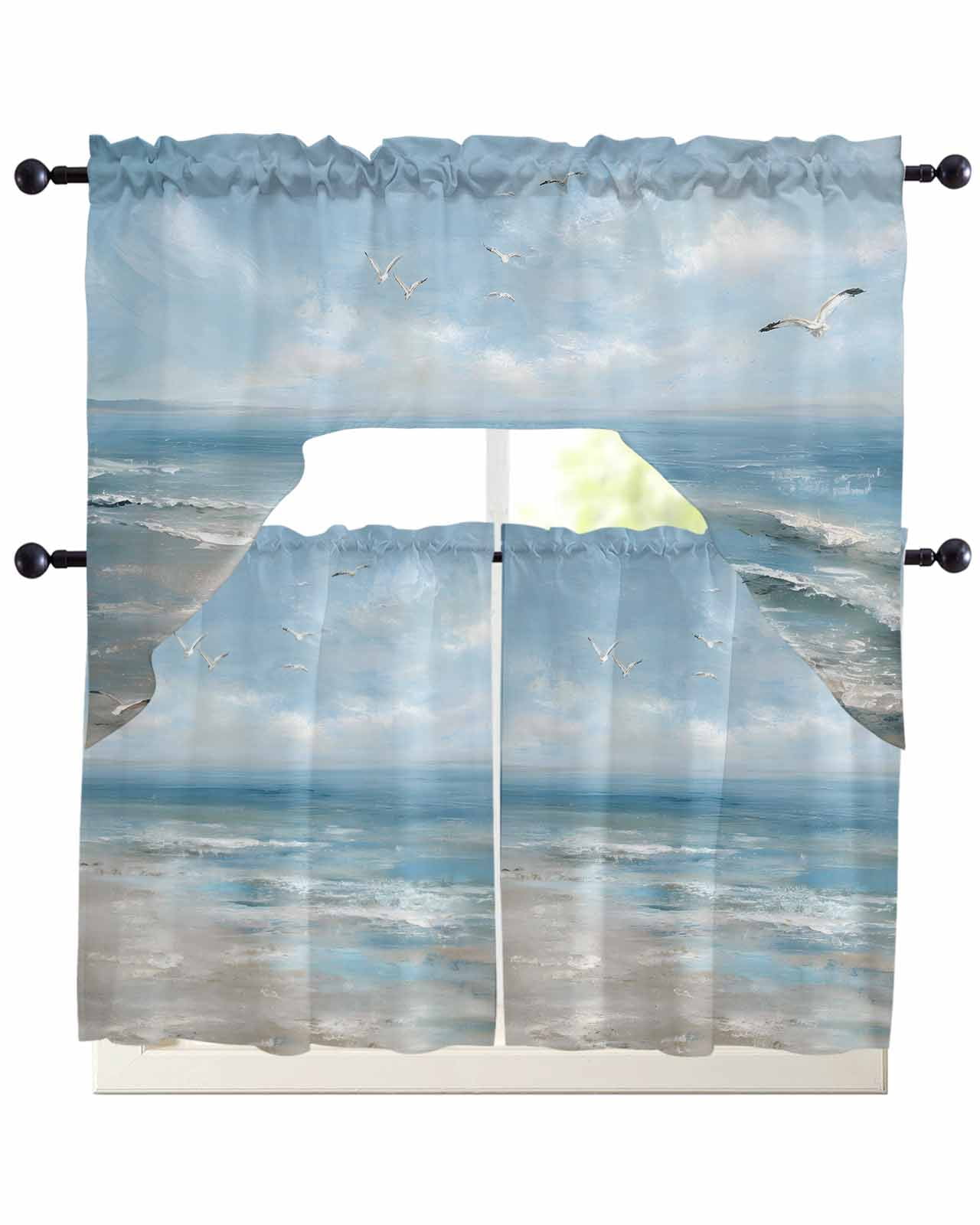 Blue Seaside Kitchen Curtains Sets 36 Inch Length with Valance, Birds ...