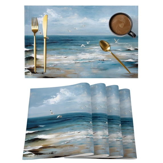 Blue Seaside Placemats Set of 8 Waves Birds Modern Oil Painting Summer ...