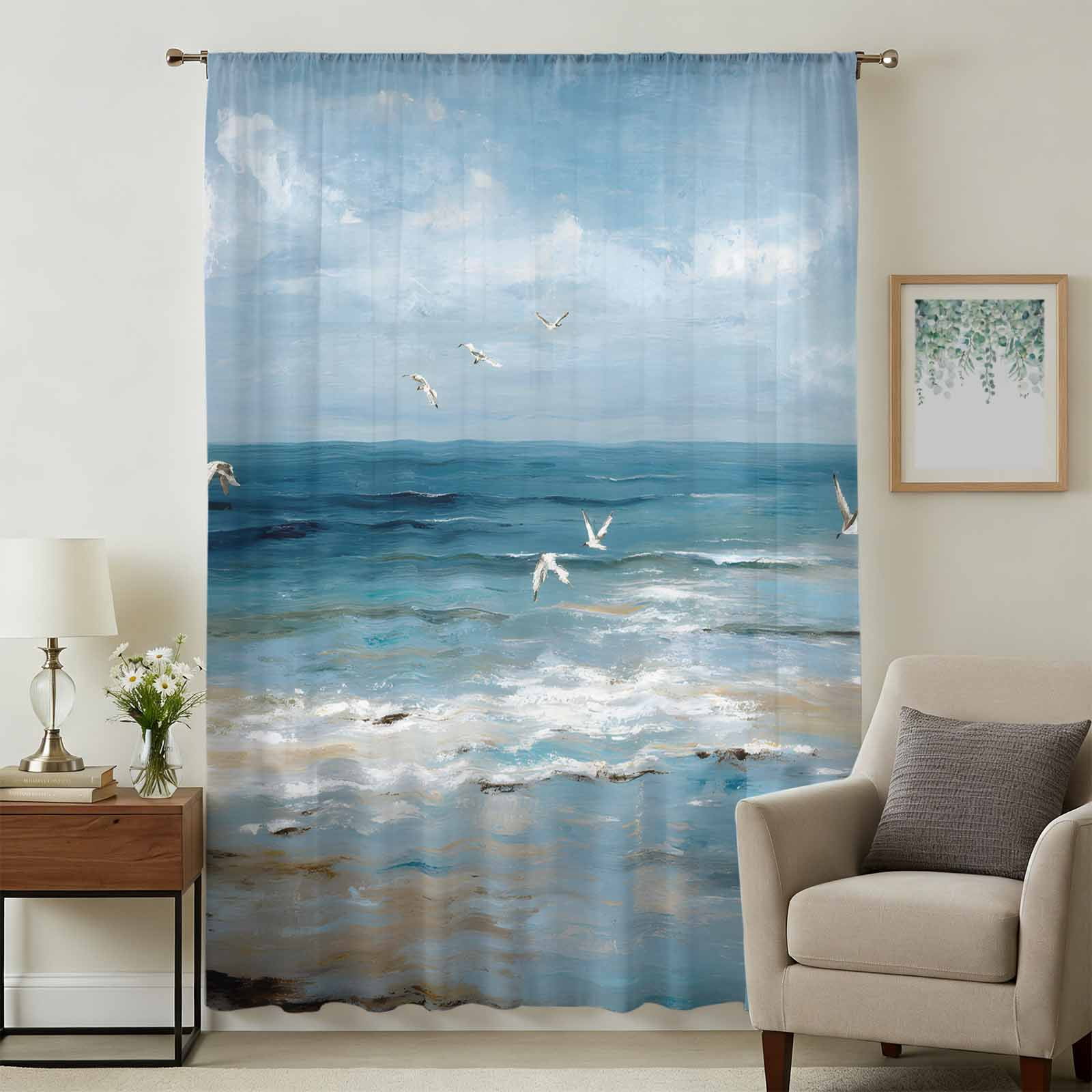 Blue Seaside Sheer Curtains 72 Inches Long, Waves Birds Modern Oil ...