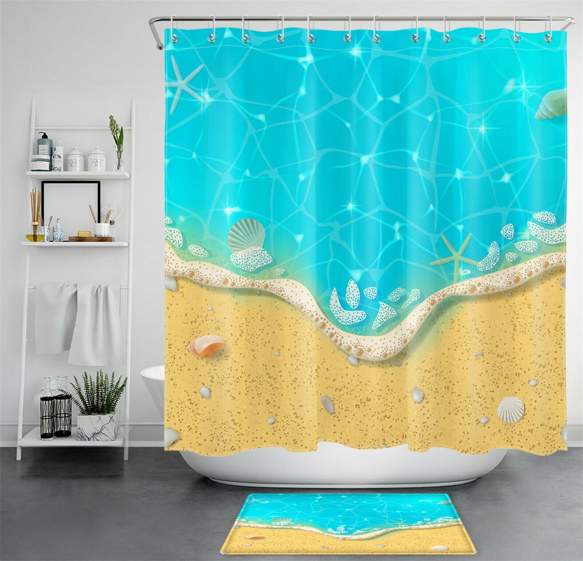 Blue Seawater Beach Shells Shower Curtain Summer Theme Bathroom ...