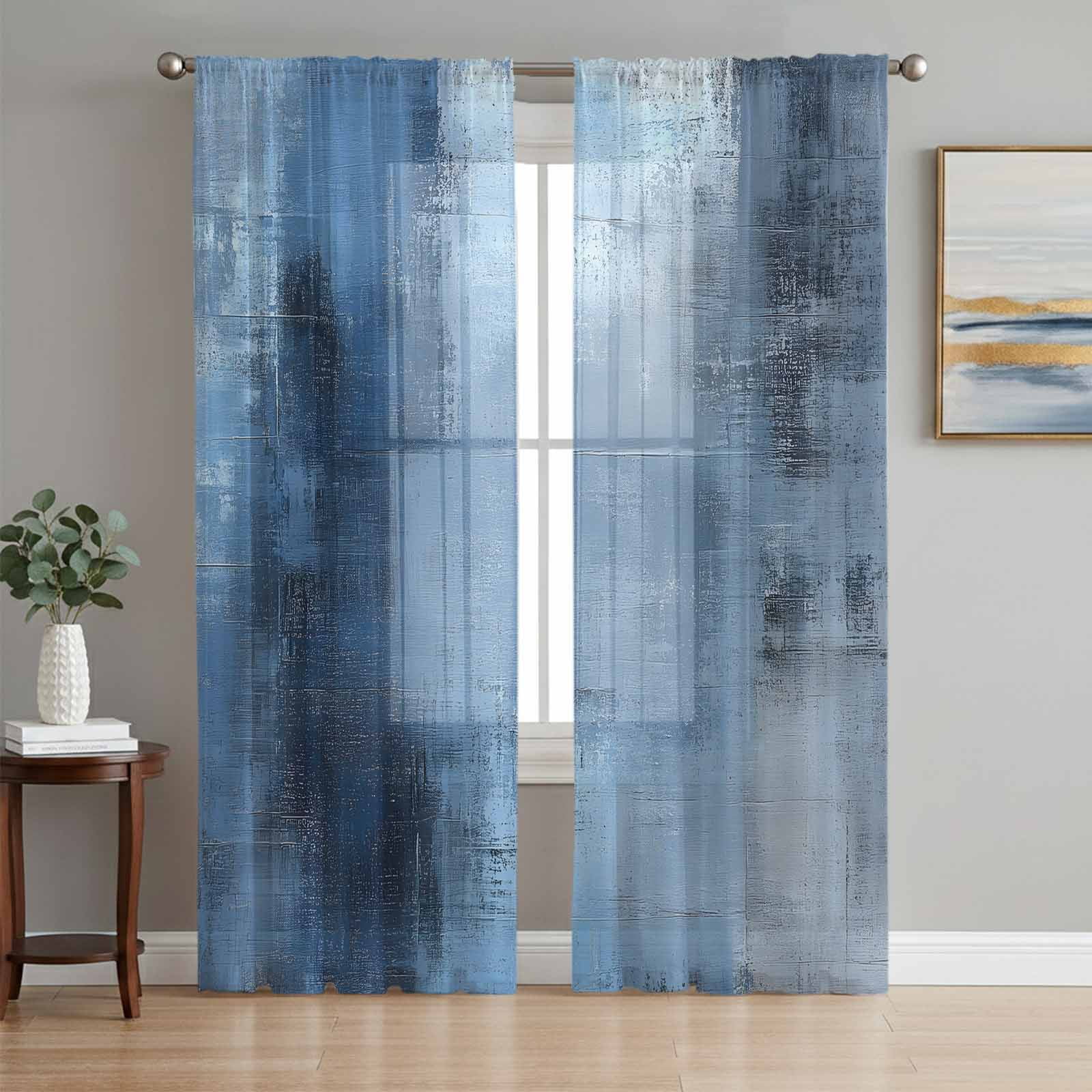 Blue Semi Sheer Curtains 72 Inch Length 2 Panels Set, Vintage Modern ...