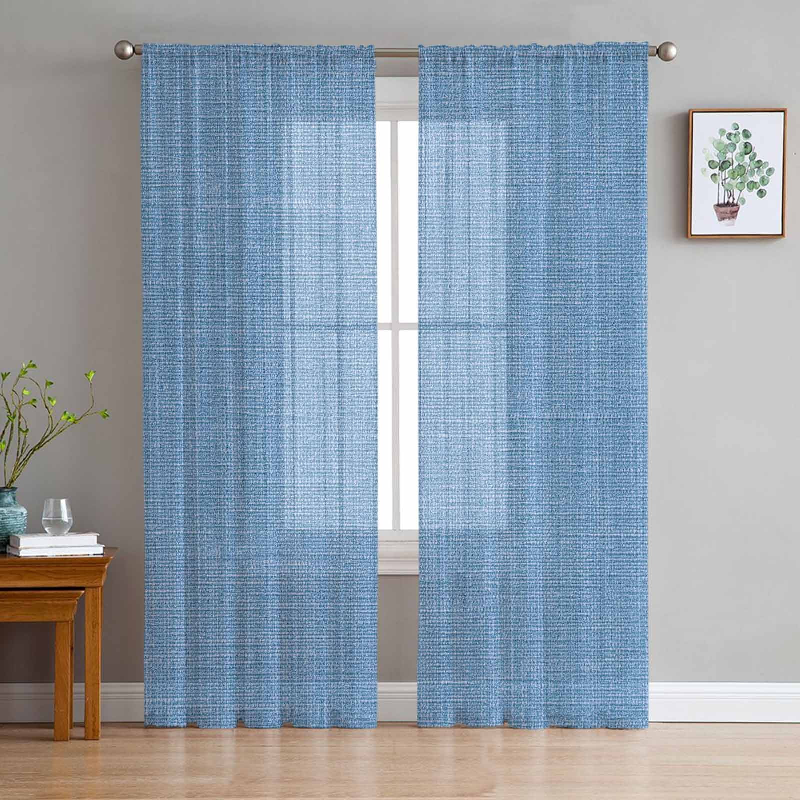 Blue Semi Sheer Window Curtains 108 Inches Long, Farmhouse Burlap Solid ...