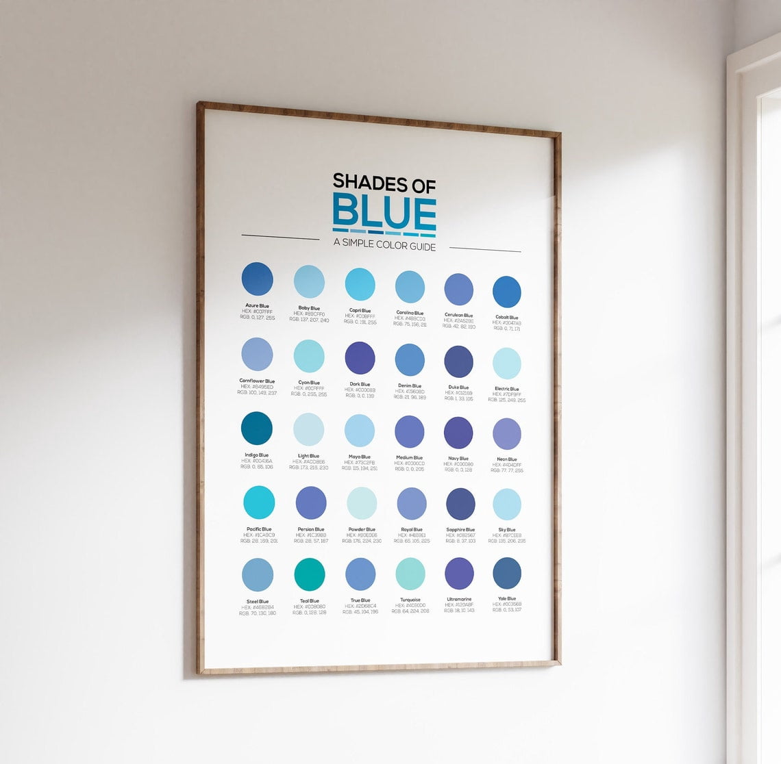 Blue Shades Color Chart Hex RGB Poster, Unframed Paper Poster 24x36in ...