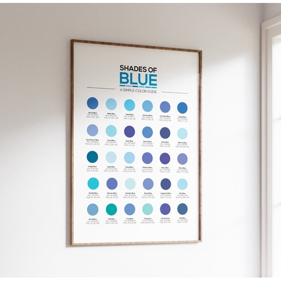 Blue Shades Color Chart Hex RGB Poster, Unframed Paper Poster 24x36in ...