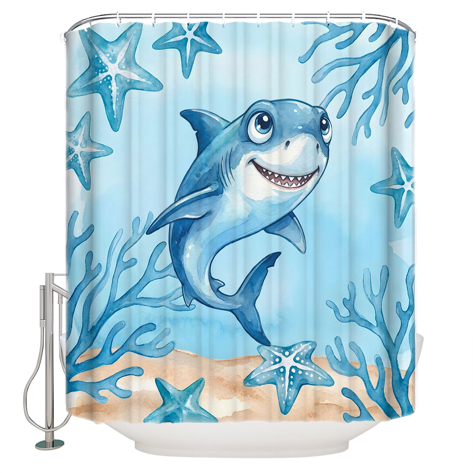Blue Shark Coastal Bathroom Shower Curtains with 12 Hooks Waterproof ...