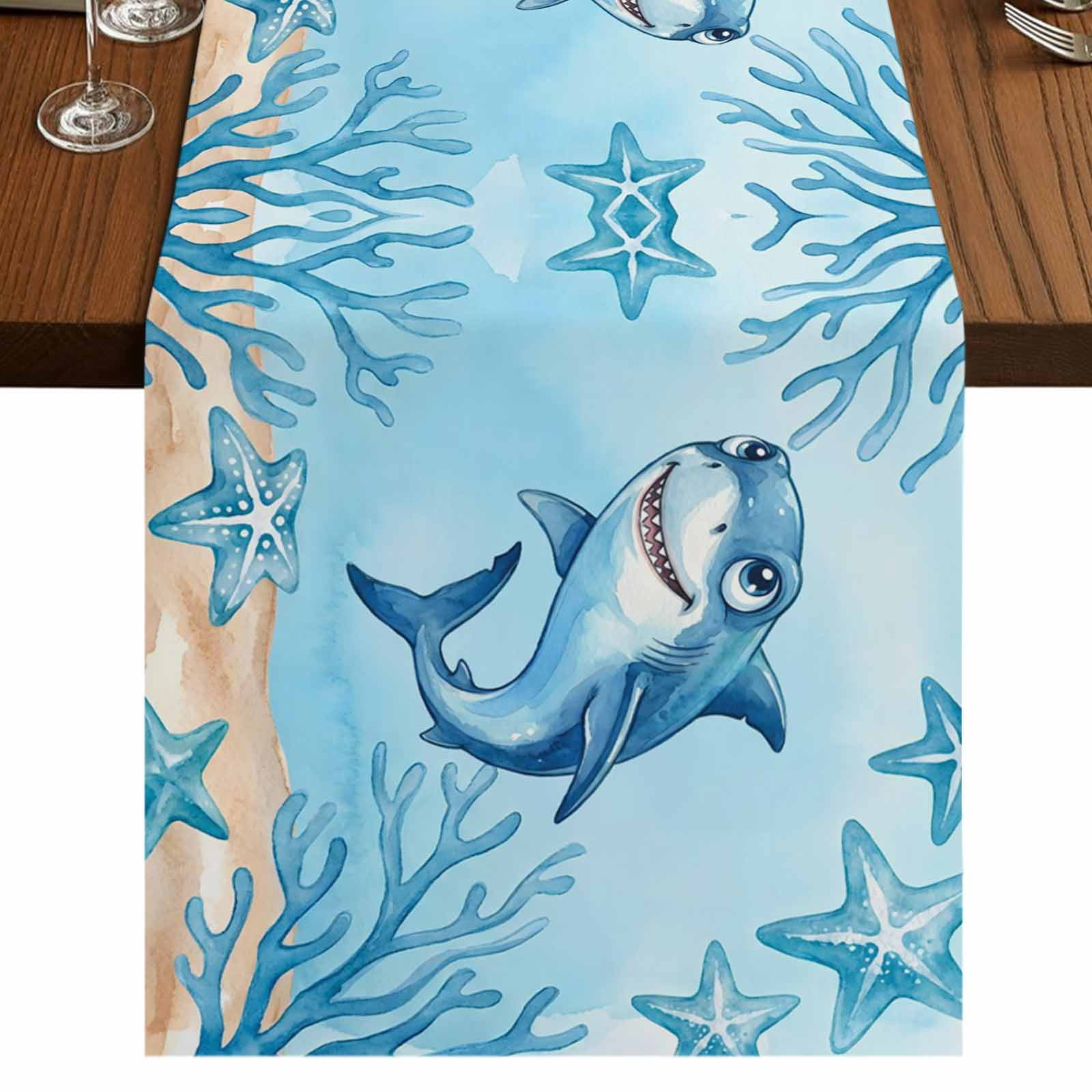Blue Shark Coastal Burlap Cotton Table Runner 16x72 Inches Long, Summer ...