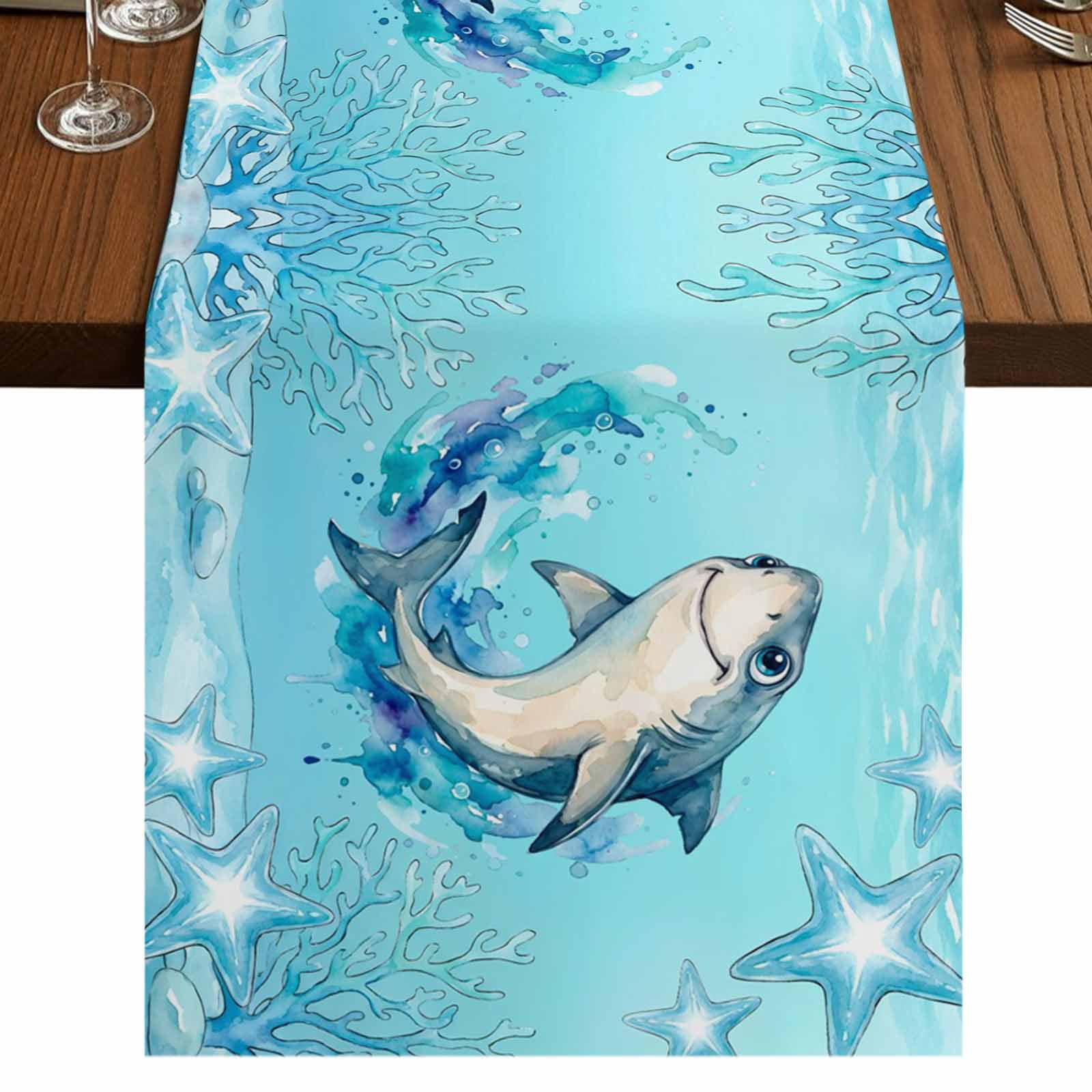 Blue Shark Coastal Burlap Cotton Table Runner 18x72 Inches Long, Summer ...