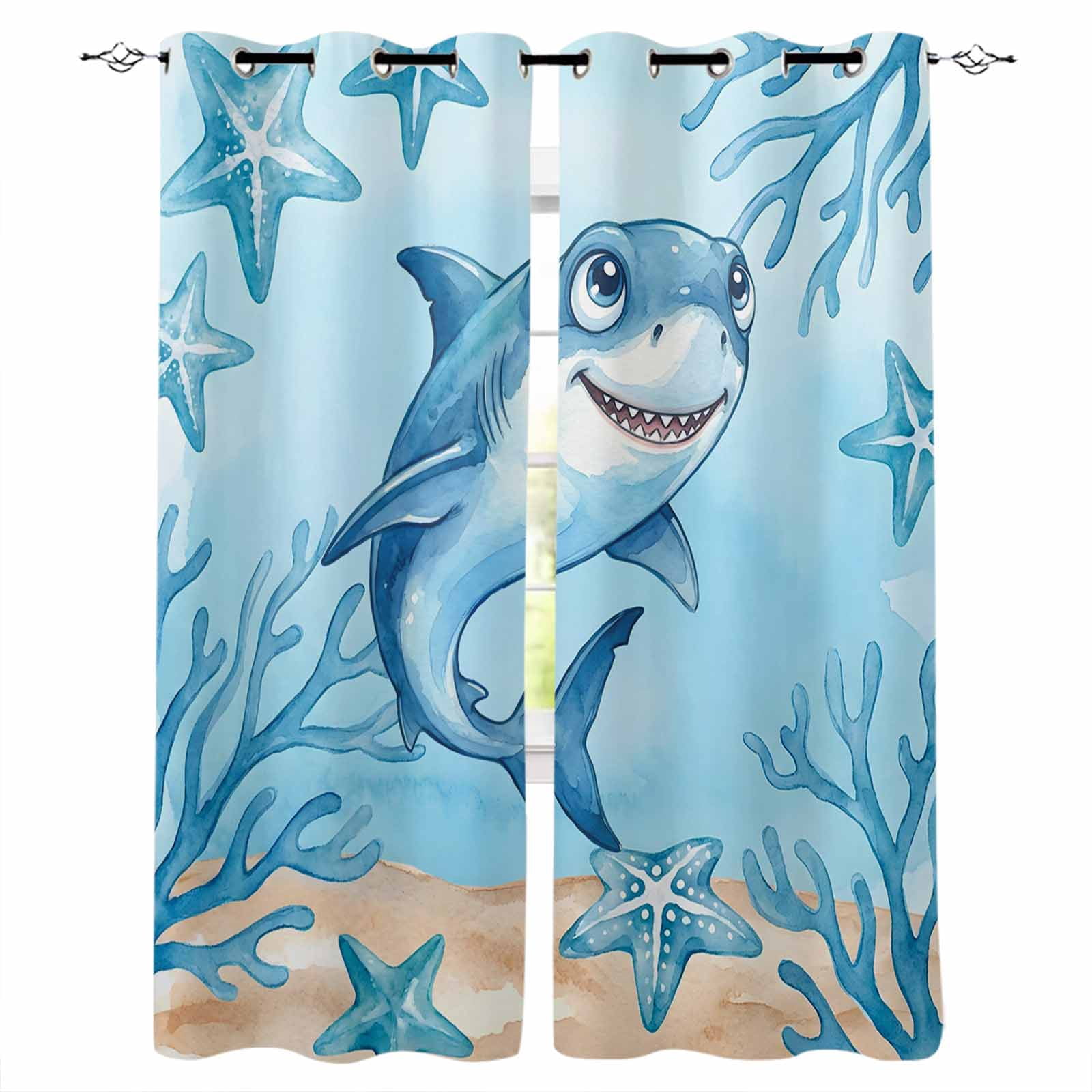 Blue Shark Coastal Kitchen Curtains Summer Beach Coral Nautical Ocean ...
