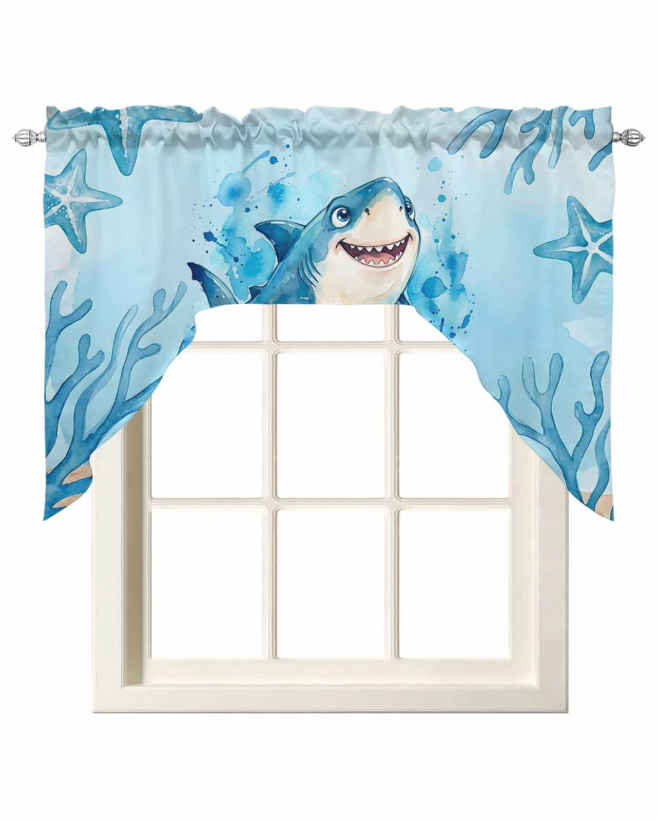 Blue Shark Coastal Kitchen Swag Valances for Windows, Summer Beach ...