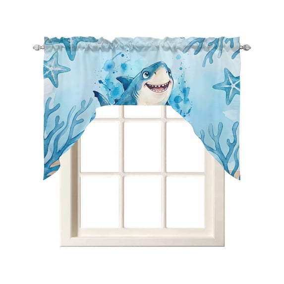 Blue Shark Coastal Kitchen Swag Valances for Windows, Summer Beach ...