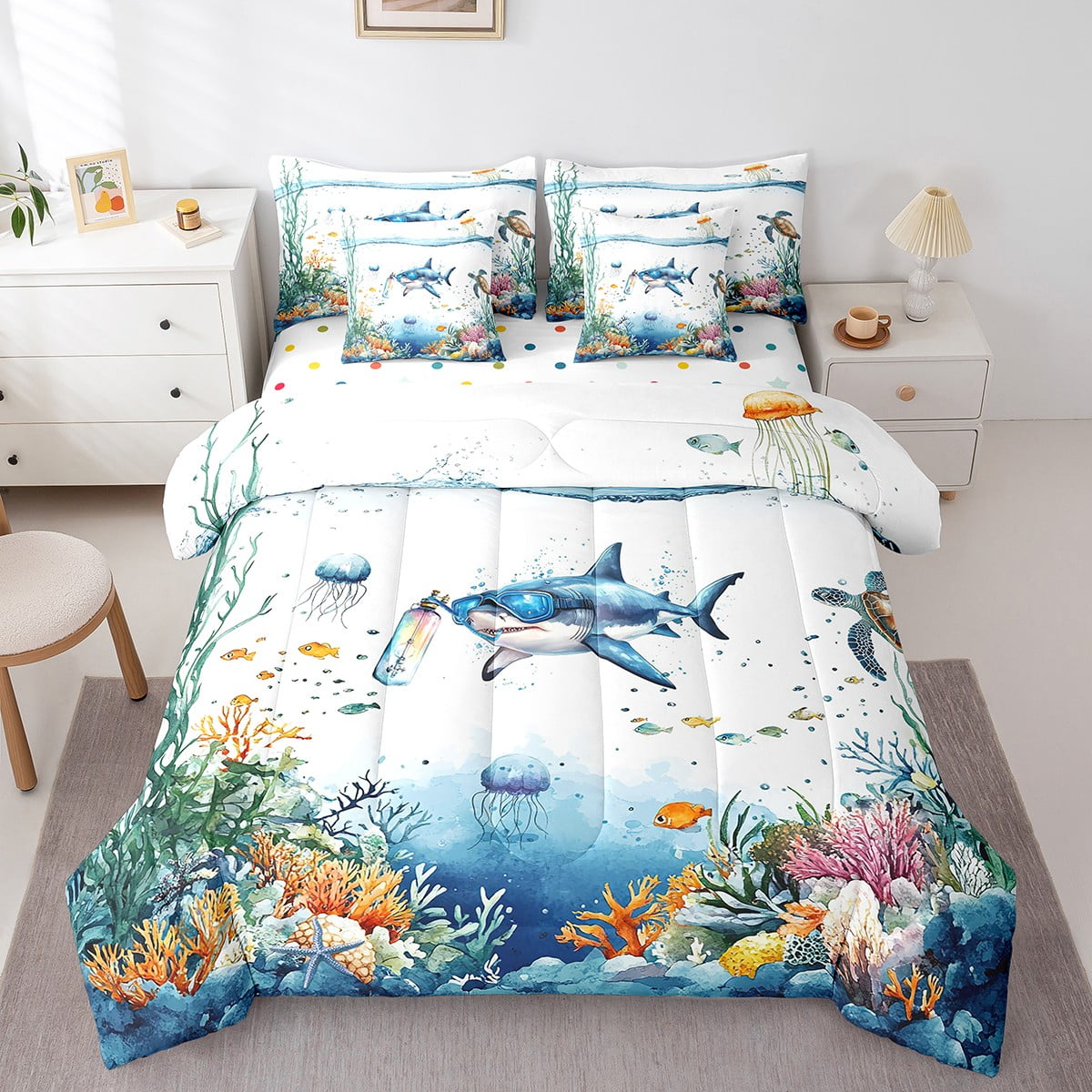 Blue Shark Comforter Set 7 Piece Bed in a Bag Twin,Sea Turtle Jellyfish ...