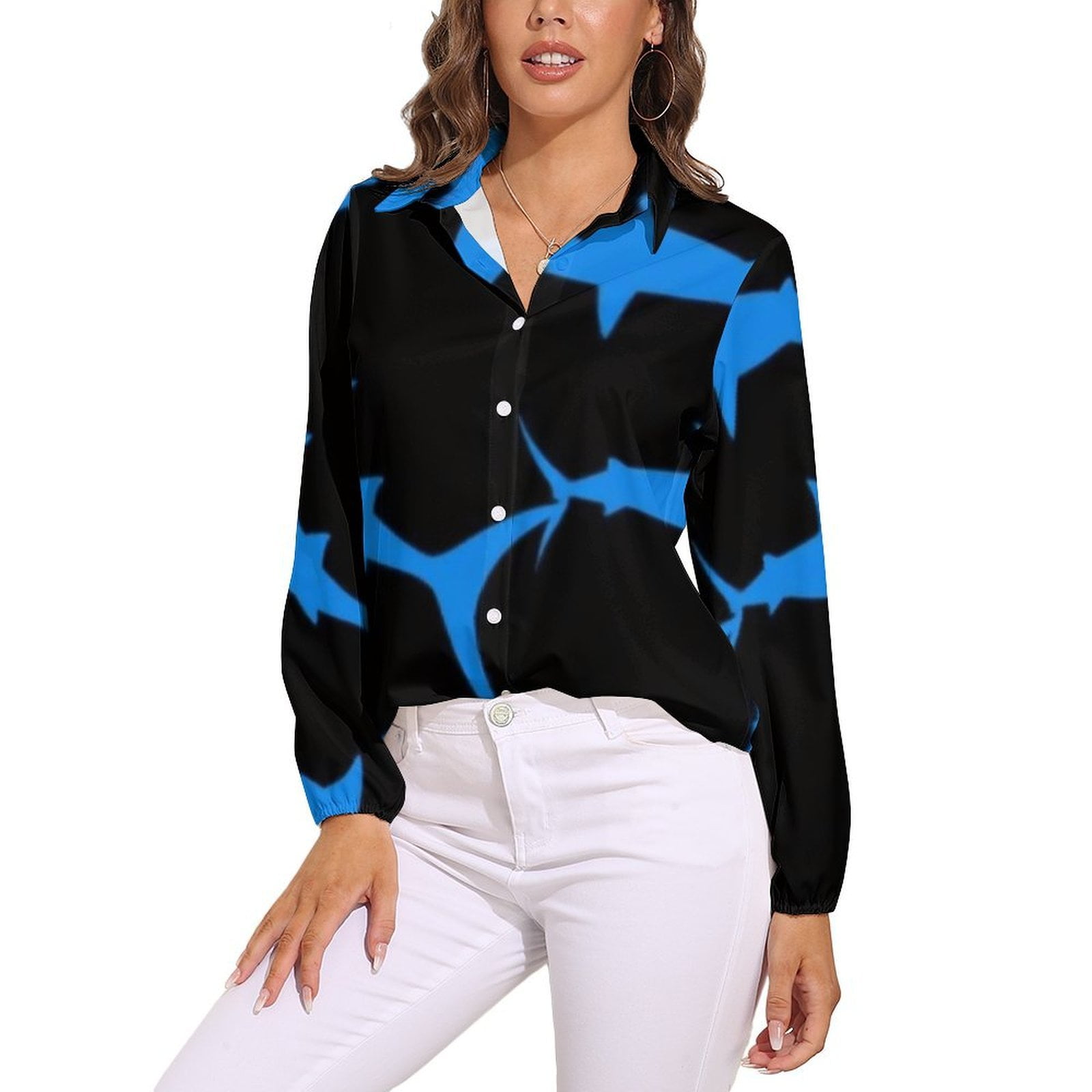 Blue Shark Silhouettes Pattern Vntage Casual Long Sleeve Shirt Blouse ...