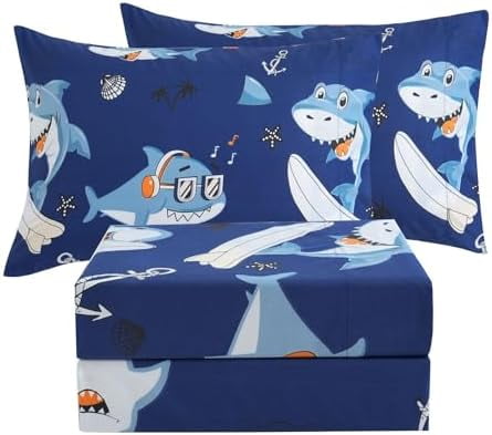 Blue Shark Surfing Kids Sheet Set Full Size, 4 Piece Nautical Printed ...