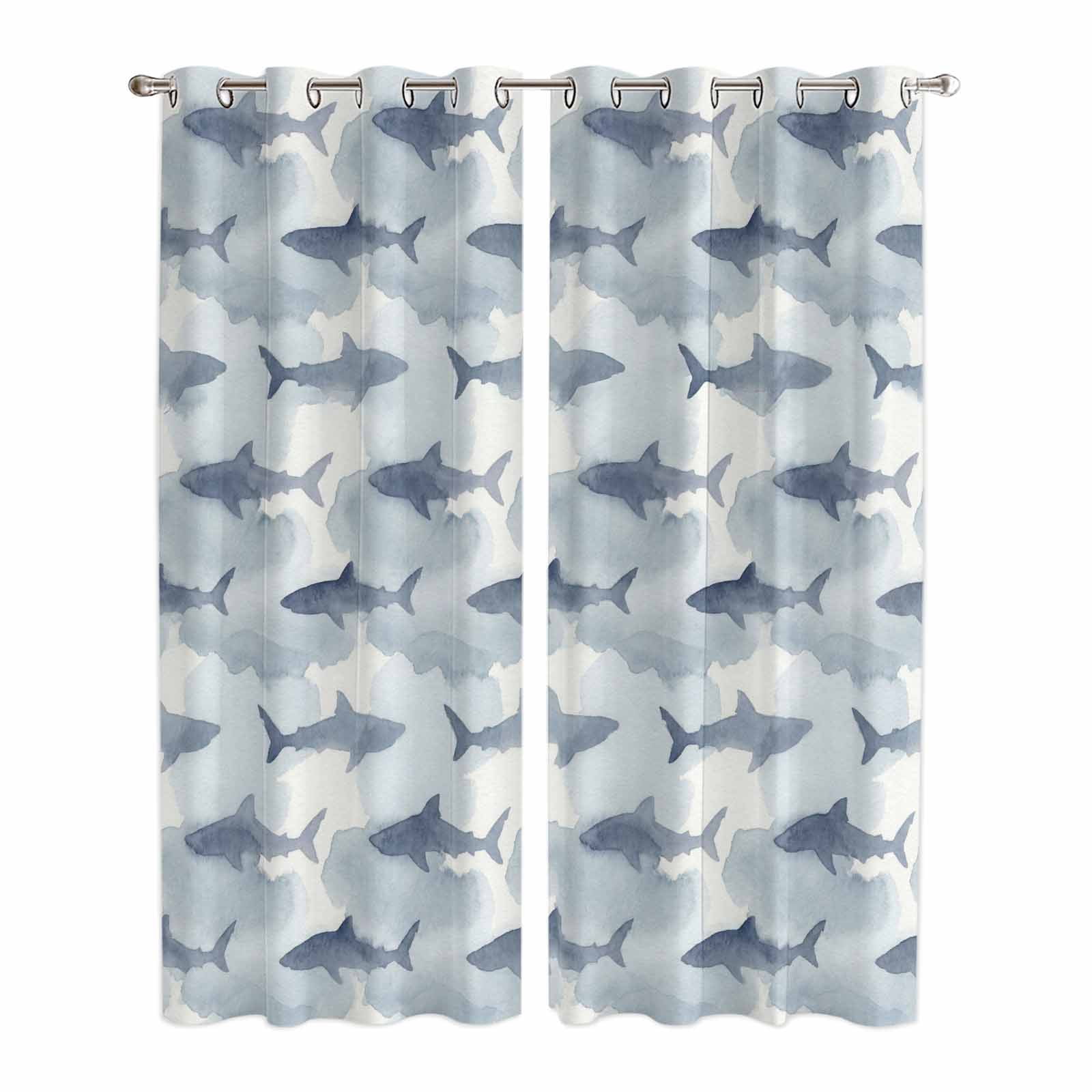 Blue Sharks Coastal Kitchen Curtains Window Panels, Summer Beach Ocean ...