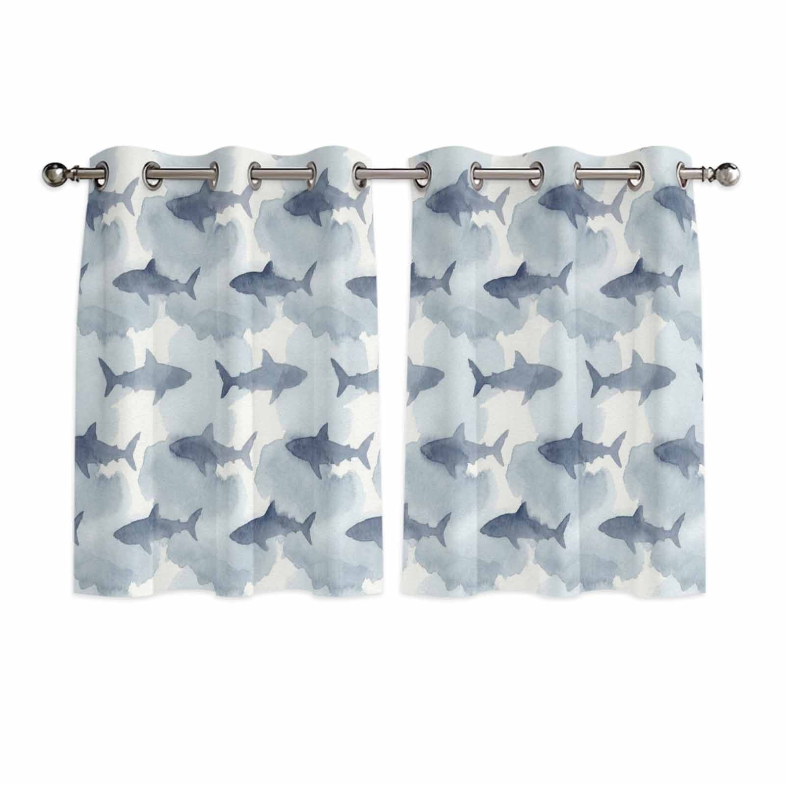 Blue Sharks Coastal Kitchen Curtains Window Panels, Summer Beach Ocean ...