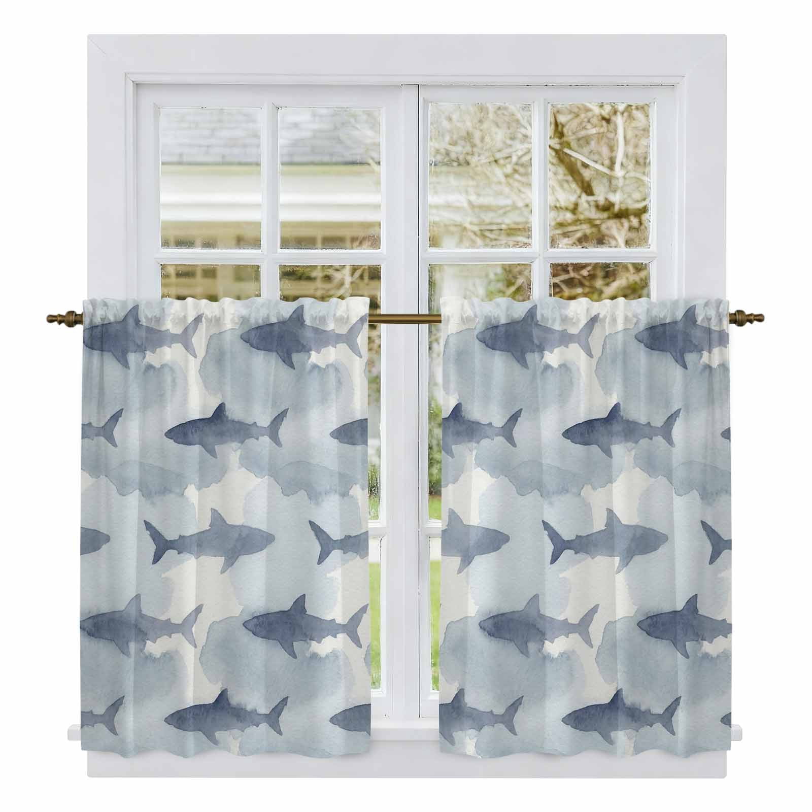 Blue Sharks Coastal Tier Curtains 54 Inch Length, Summer Beach Ocean ...