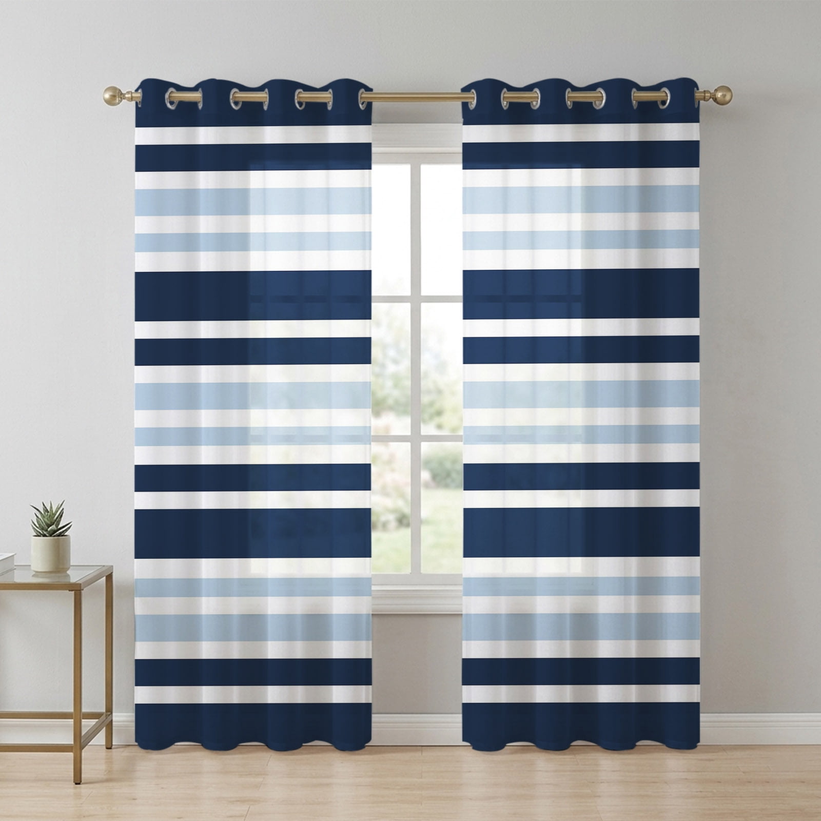 Blue and Sheer Curtains 63 Inch Long 2 Panels, Dark Blue Stripes ...